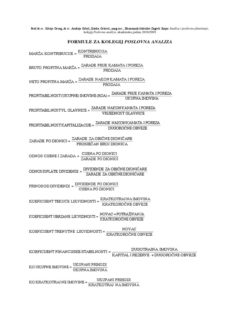 Formule Poslovna Analiza | PDF