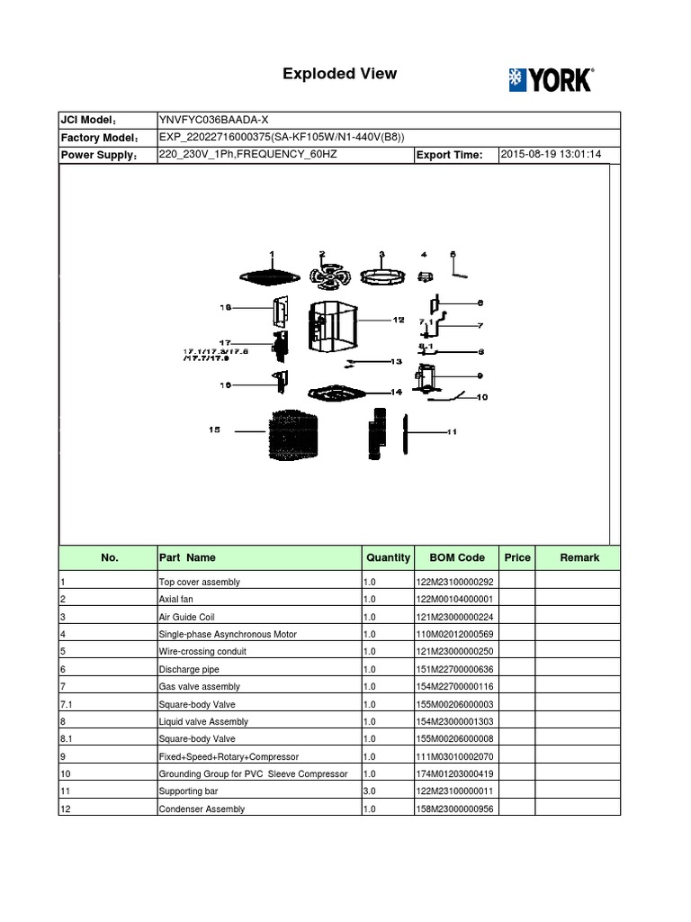 York AC Spare Parts List and Diagram | PDF