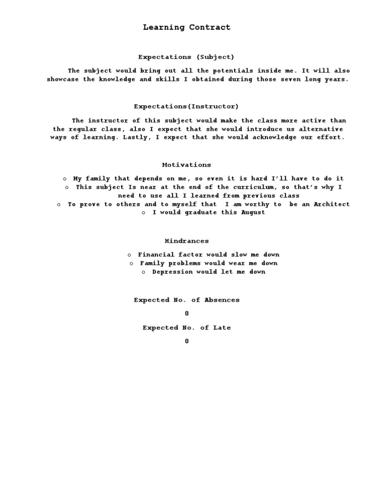 Learning Contract: Expectations (Subject) | PDF