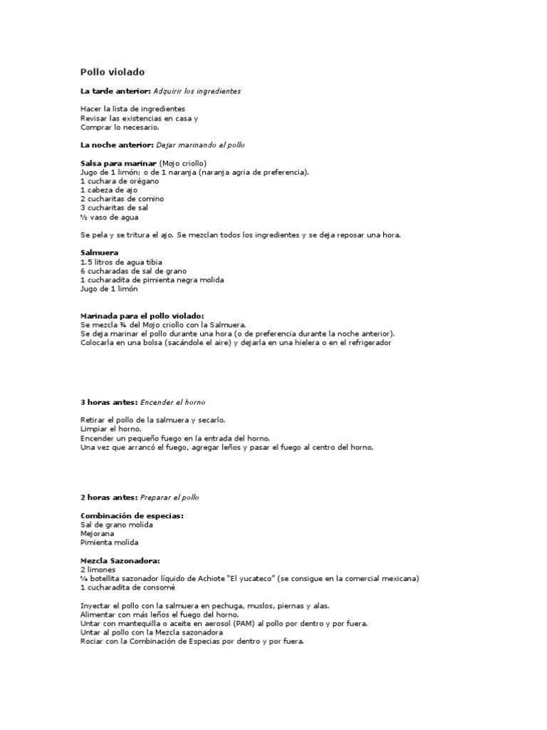 Receta de Pollo Violado al Horno | PDF | Preparación de comida y bebida ...