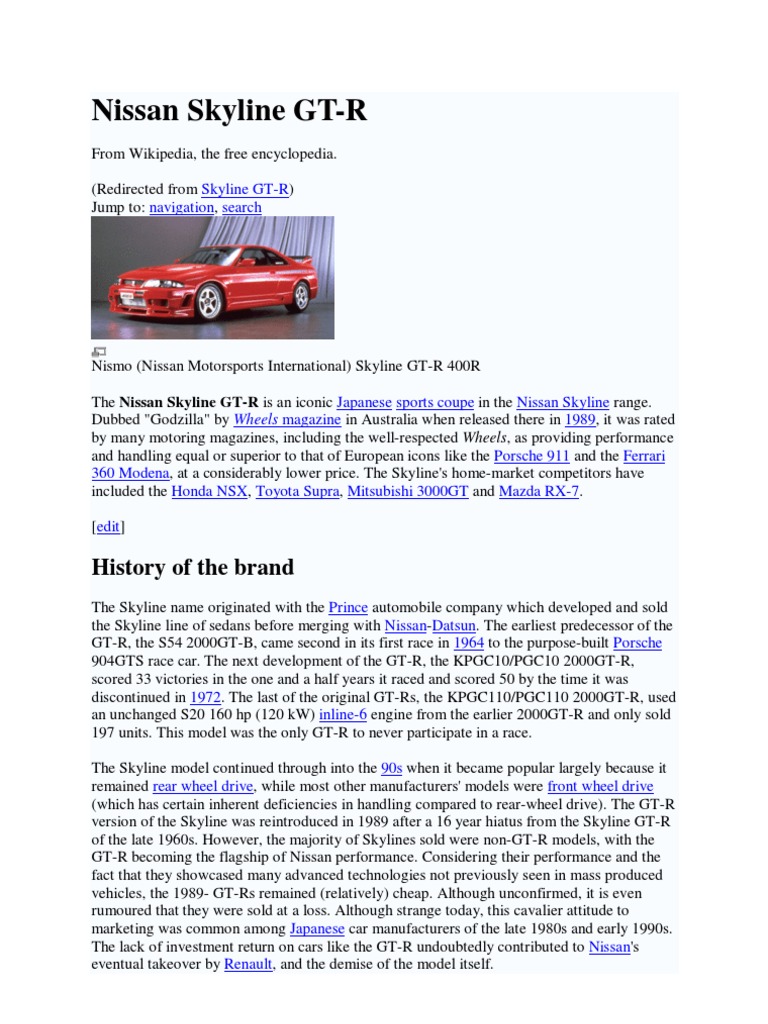 Nissan Skyline GT-R History | PDF | Motor Vehicle Manufacturers Of ...