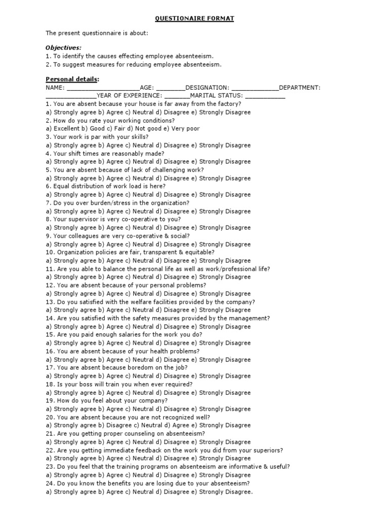 Objectives:: Questionaire Format | PDF | Behavioural Sciences | Working Conditions