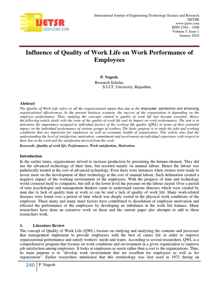 Influence of Quality of Work Life On Work Performance of Employees ...