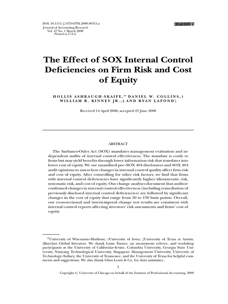 The Effect of SOX Internal Control Deficiencies On Firm Risk and Cost ...