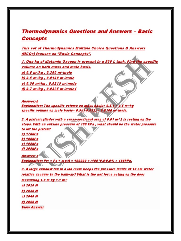 Thermodynamics MCQs: Concepts & Applications | PDF | Temperature | Gases