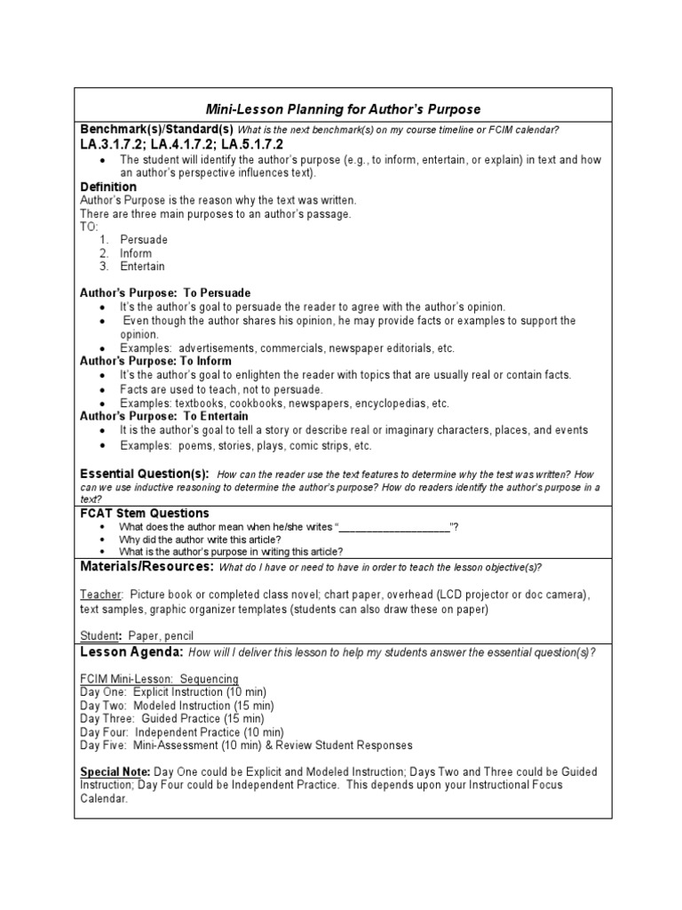 Author's Purpose Mini-Lesson Guide | PDF | Underwater Diving | Newspapers