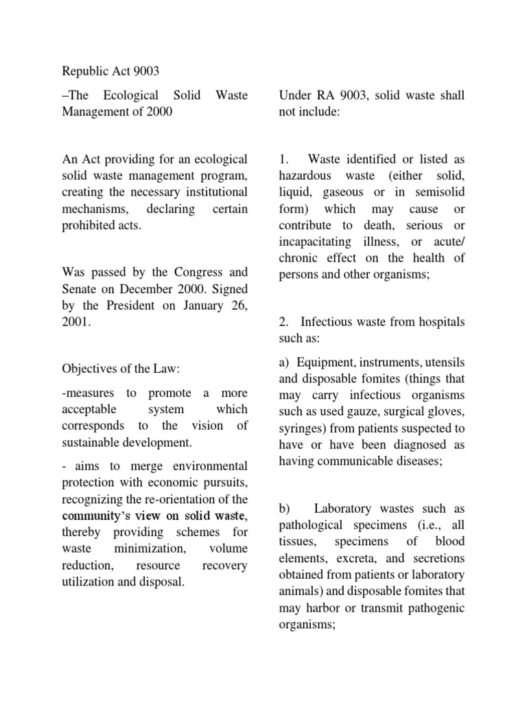 RA 9003: Ecological Waste Management | PDF | Landfill | Waste Management