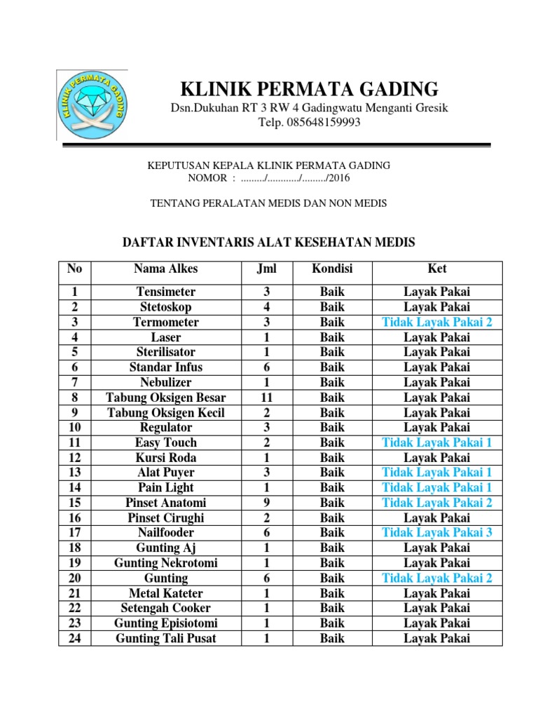 Daftar Inventaris Peralatan Medis Dan Non Medis | PDF