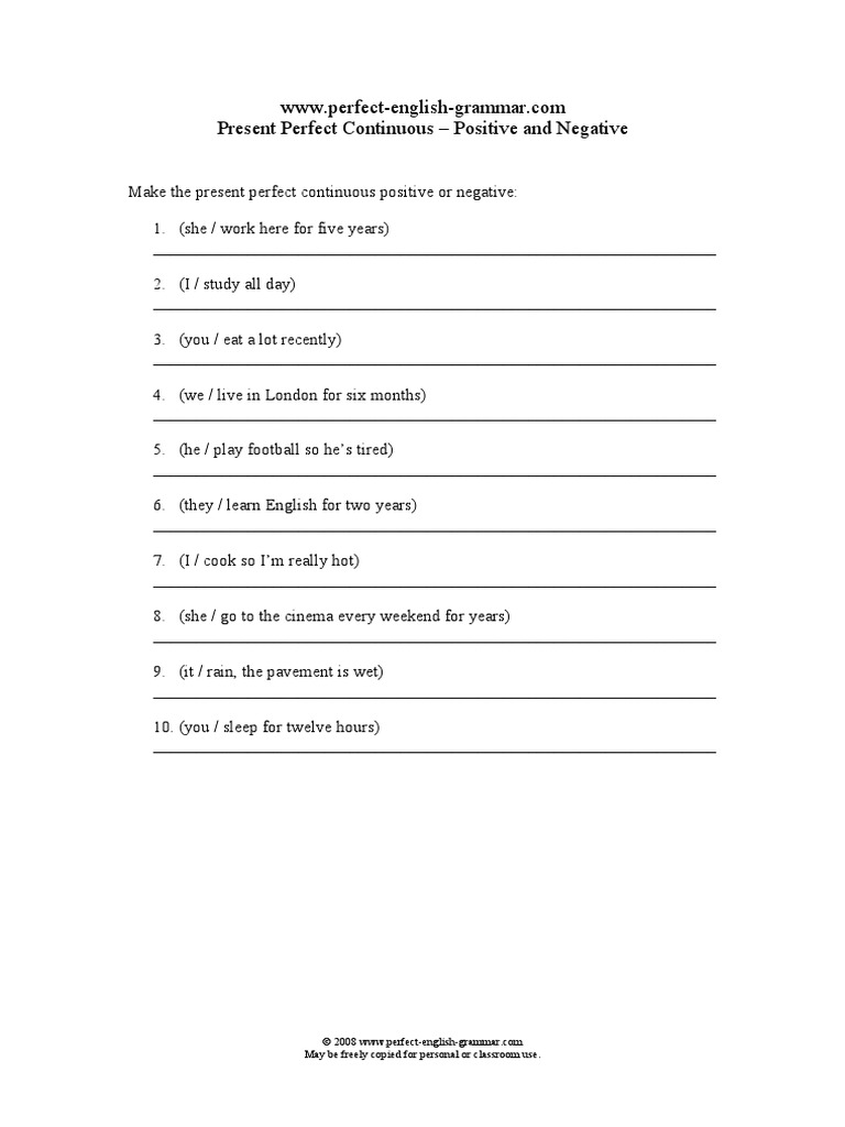Present Perfect Continuous Form Positive and Negative PDF | PDF ...