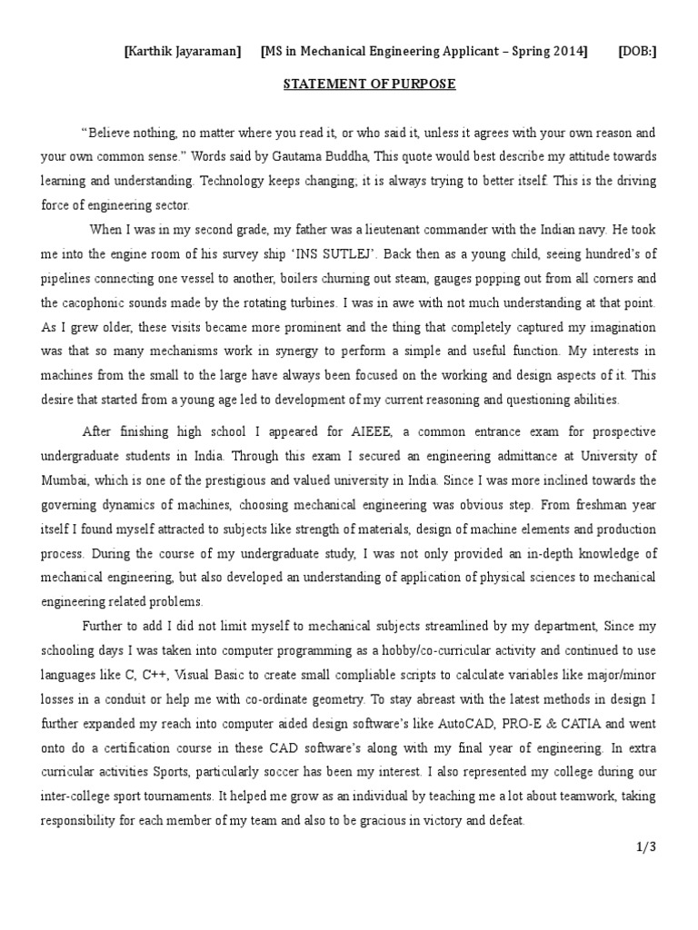 SOP Sample For MS in Mechanical Engineering 1 | PDF | Machines ...