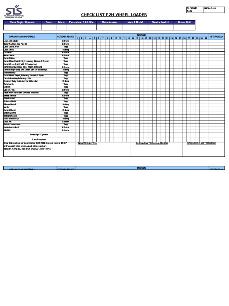 Checklist P2H Wheel Loader | PDF