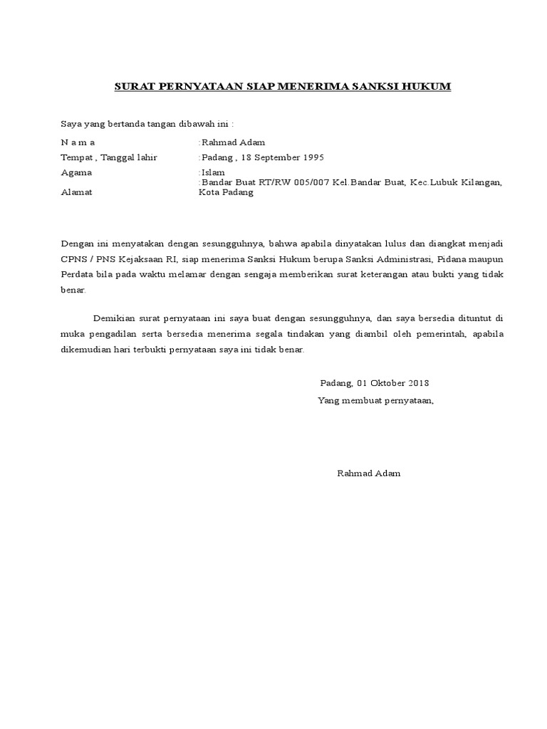 Surat Pernyataan Siap Menerima Sanksi Hukum - 3 | PDF
