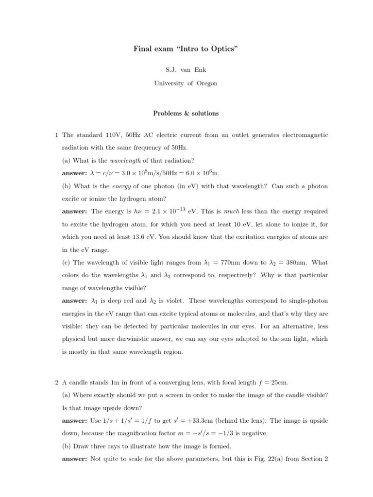 Final Exam "Intro To Optics": Problems & Solutions | PDF | Angular ...
