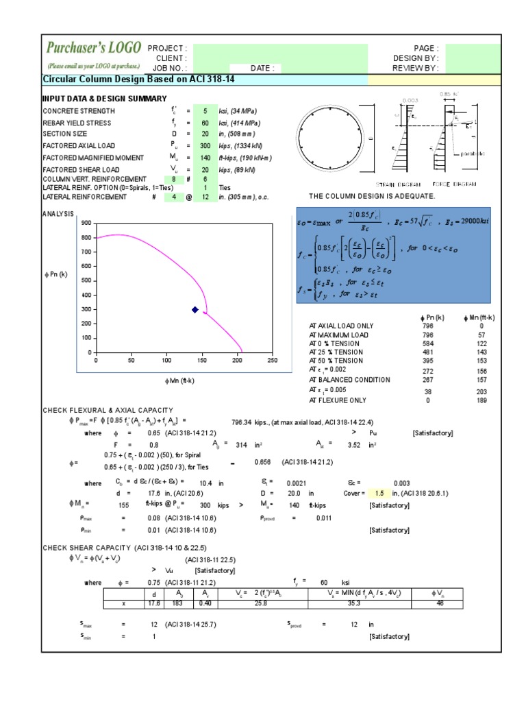 Circular Column Design Based On ACI 318-14: Input Data & Design Summary | PDF