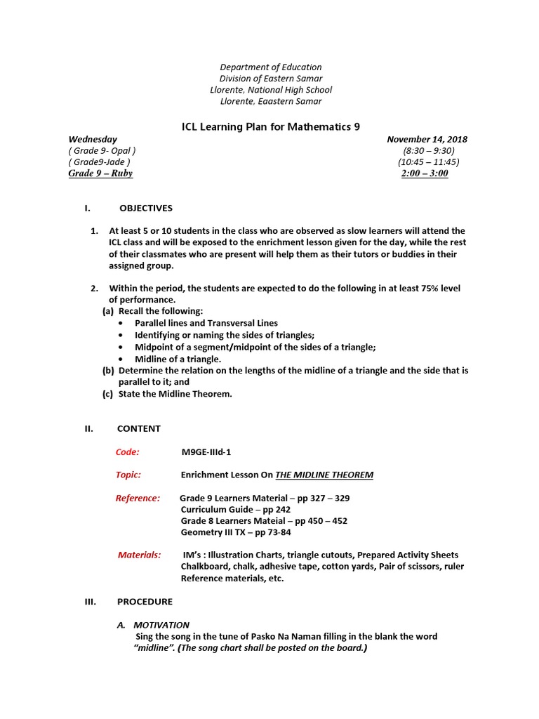 ICL Learning Plan-Math 9 | PDF | Triangle | Elementary Geometry