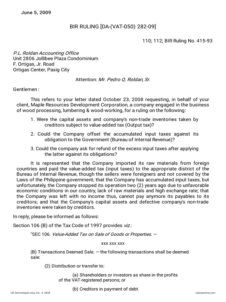 BIR Ruling on VAT for Capital Goods | PDF | Value Added Tax | Taxation ...