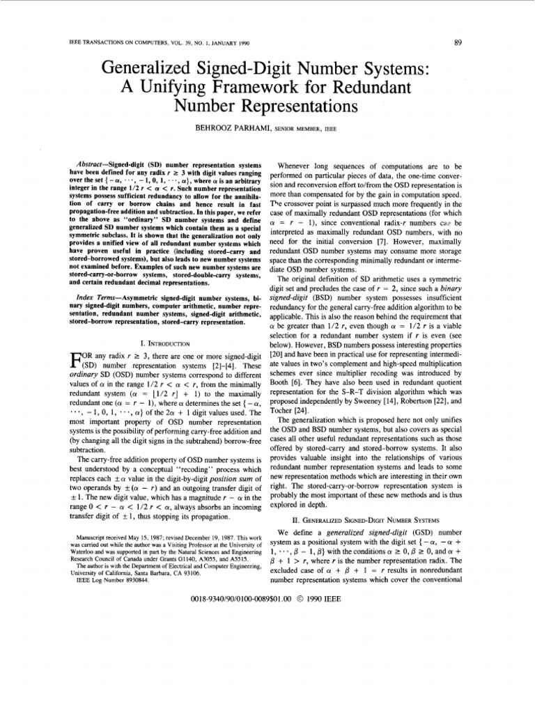Generalized Signed-Digit Number Systems Unifying Framework For Redundant Number Representations ...