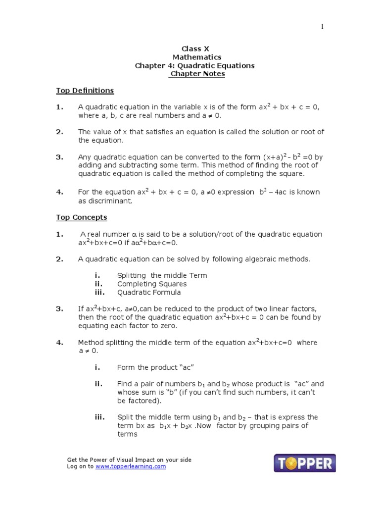 X Math Ch4 Quadratic Equations Chapter Notes Sept | PDF | Quadratic ...