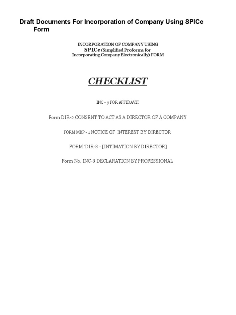 Draft Documents For Incorporation of Company Using SPICe Form | PDF ...