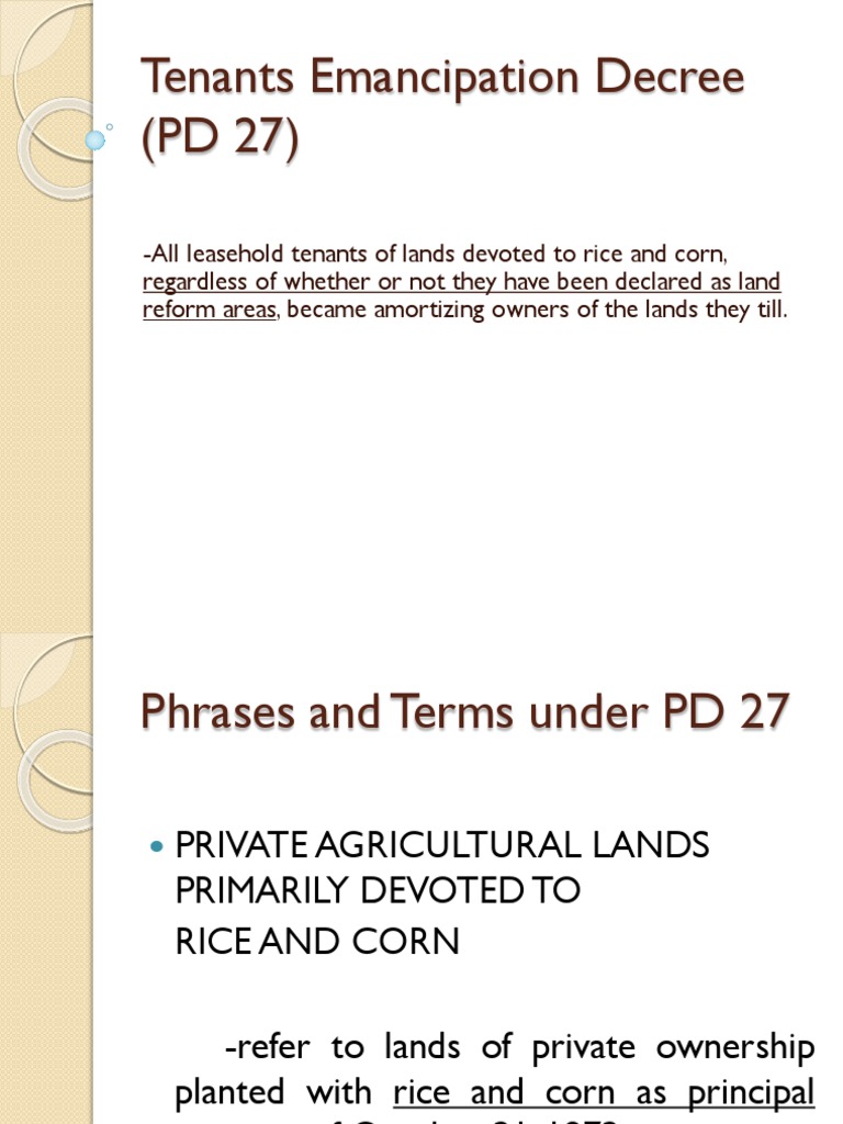 Tenants Emancipation Decree (PD 27) | PDF | Rice | Leasehold Estate
