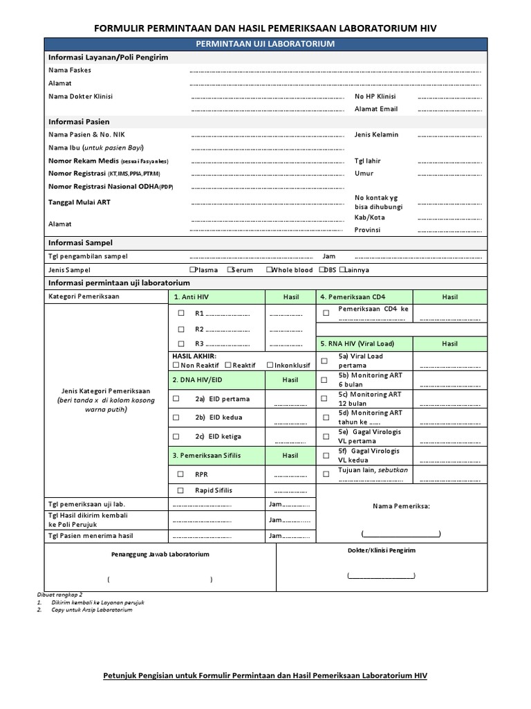 1 Nov FORMULIR PERMINTAAN DAN HASIL PEMERIKSAAN LABORATORIUM HIV | PDF