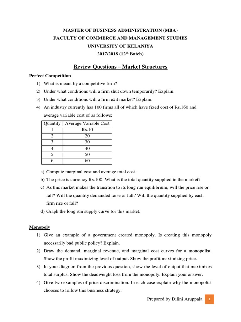 Market Structure Review Questions | PDF | Monopoly | Perfect Competition