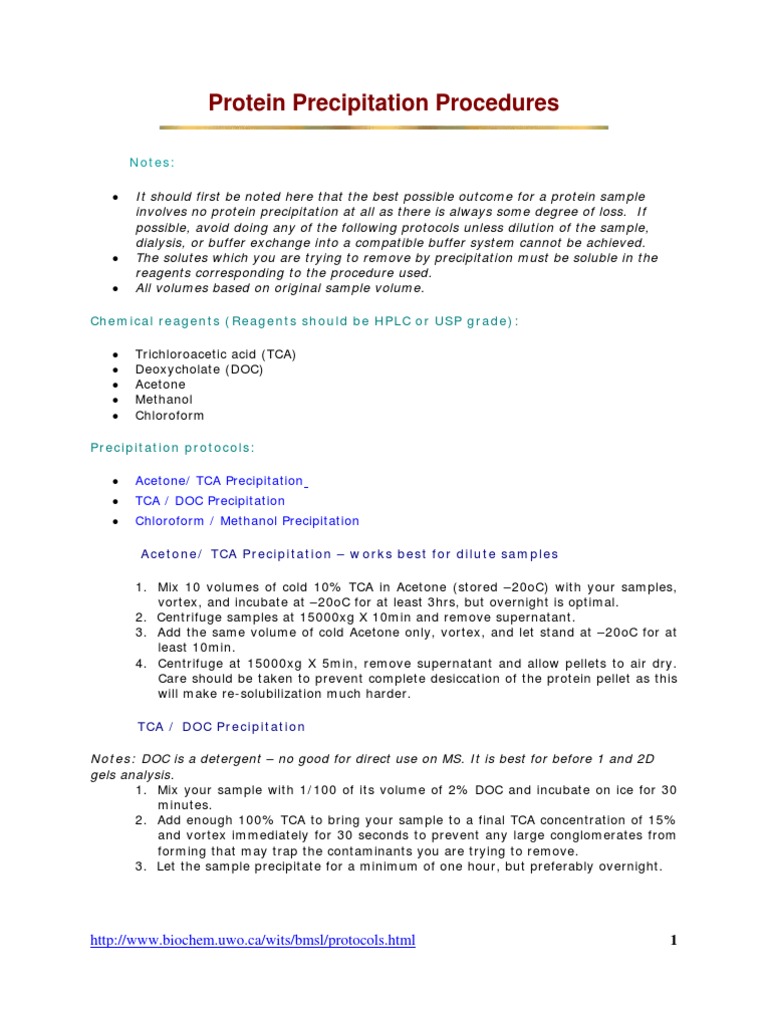 Protein Precipitation Procedures | PDF | Precipitation (Chemistry ...