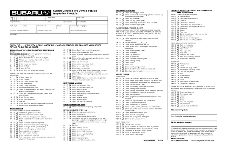 Subaru Certified Pre-Owned Vehicle Inspection Checklist: VIN Dealer ...