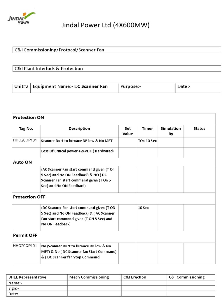 Jindal Power LTD (4X600MW) : C&I Commissioning/Protocol/Scanner Fan | PDF