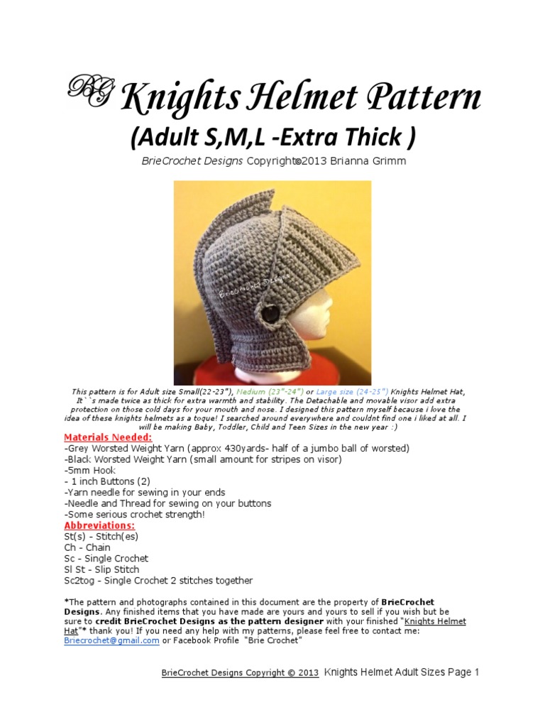 Knights Helmet Pattern: (Adult S, M, L - Extra Thick) | PDF | Crochet ...