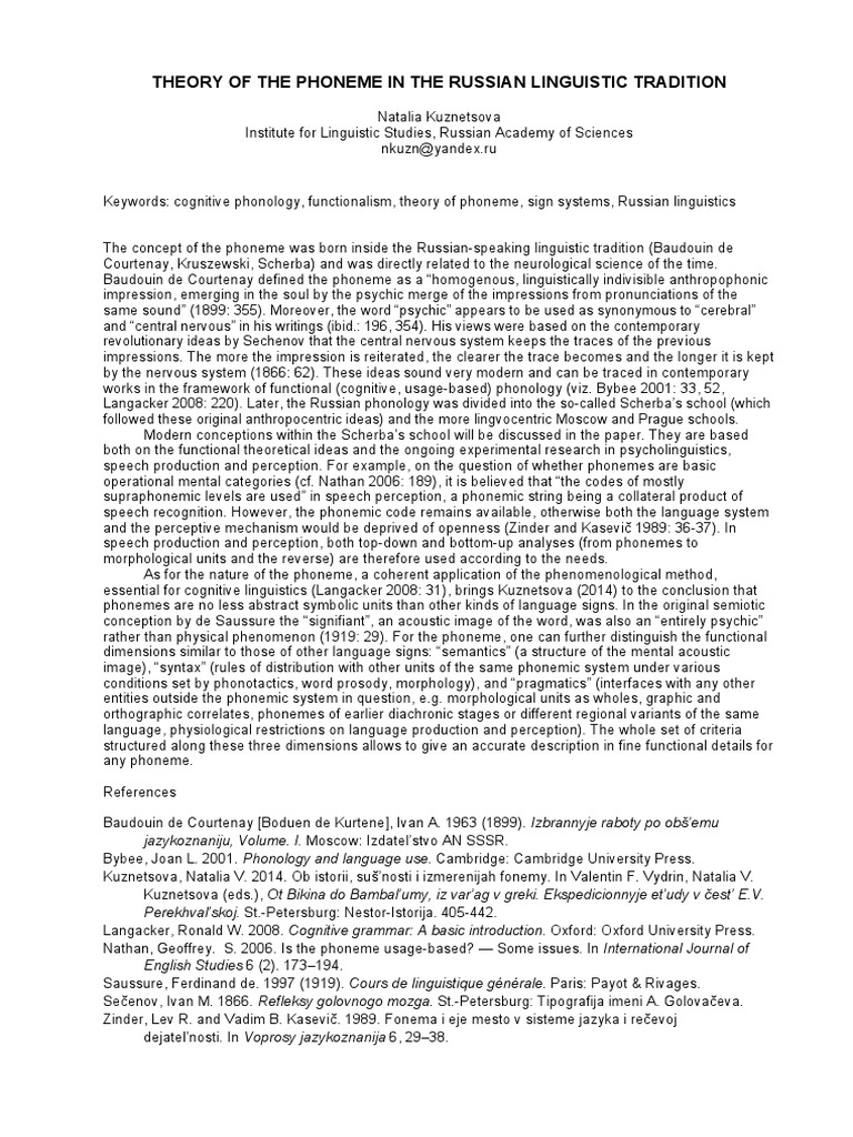 Theory Of The Phoneme In The Russian Linguistic Tradition ...