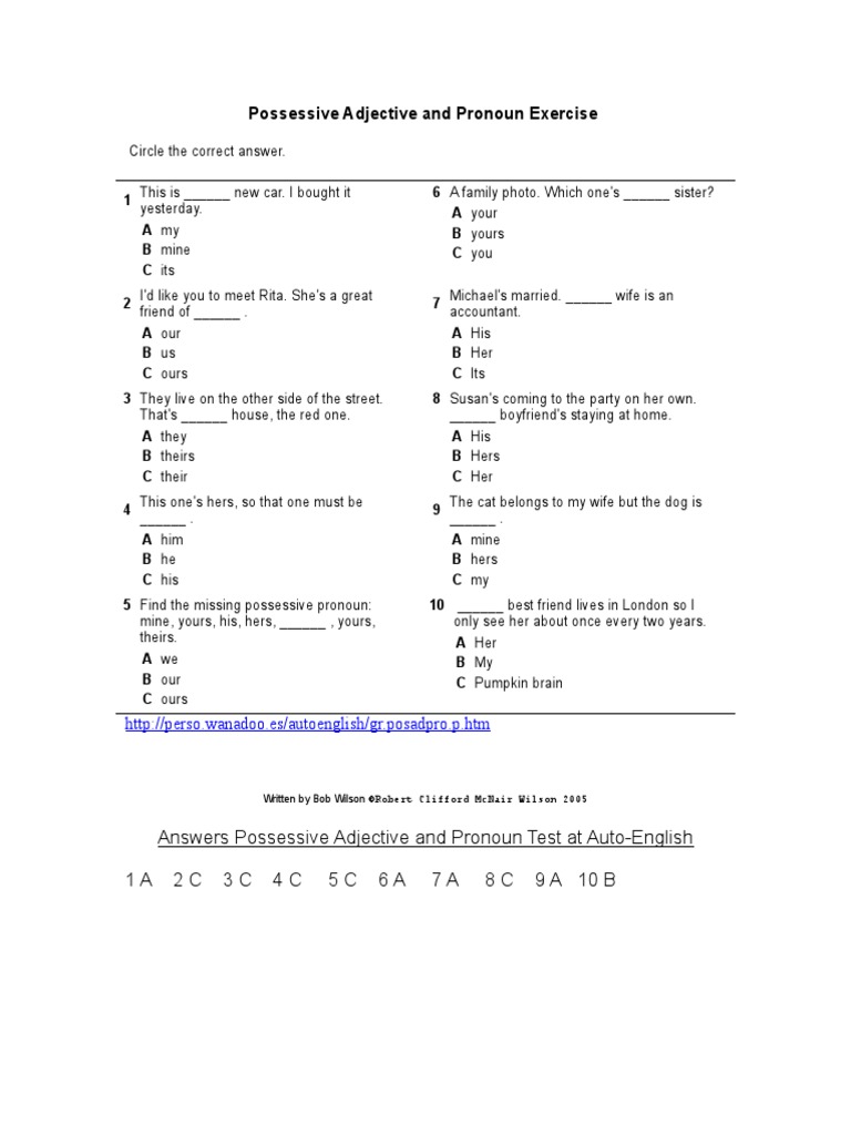 10e. Possessive Adjectives and Pronouns Answer Key | PDF
