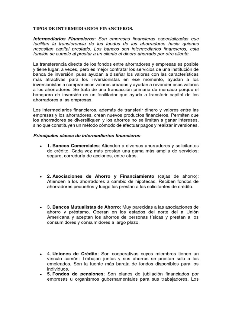 Tipos de Intermediarios Financieros | PDF | Bolsa | Banco Comercial