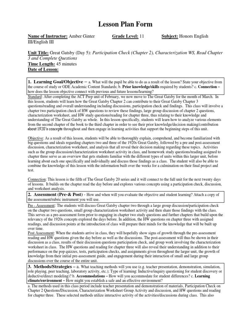 Great Gatsby Lesson Plan: Chapters 2-3 | PDF | Teachers | English Language