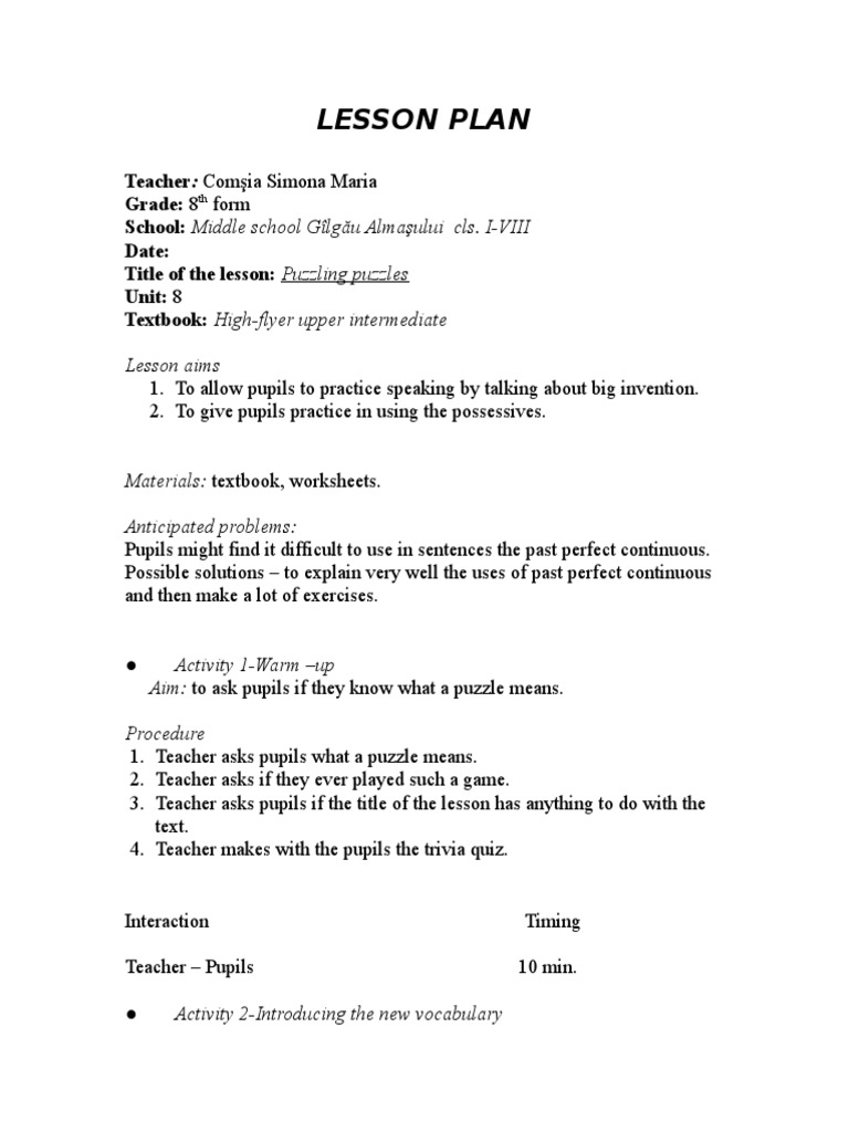 Plan de Lectie Puzzling Puzzles | PDF | Pedagogy | Teaching
