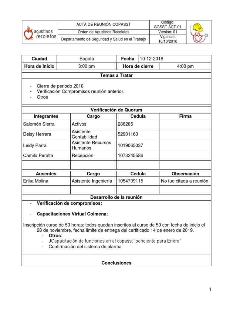 Sgsst-Act Acta de Reunión Copasst