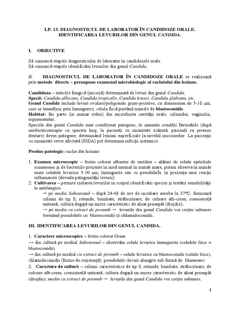 LP 13 Diagnosticul de Laborator in Candidoze Orale Id Levurilor Din ...
