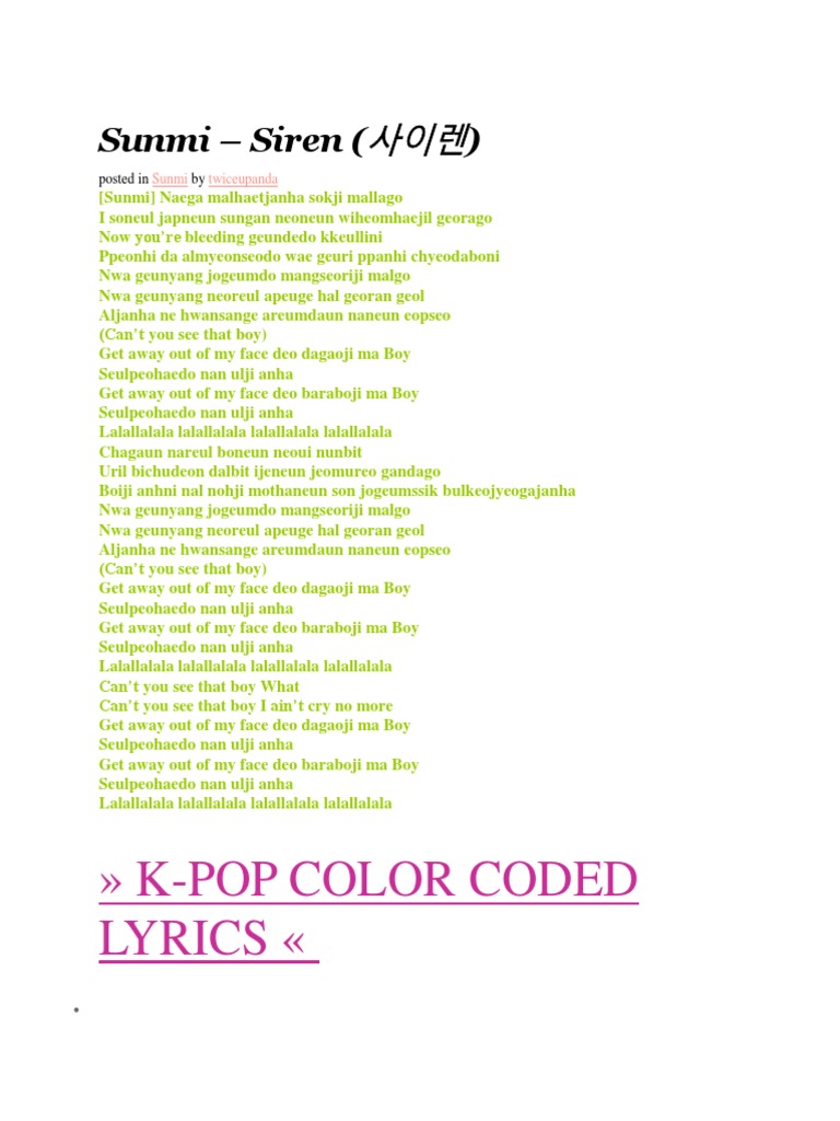 K-Pop Color Coded Lyrics : Sunmi - Siren | Download Free PDF | Popular ...