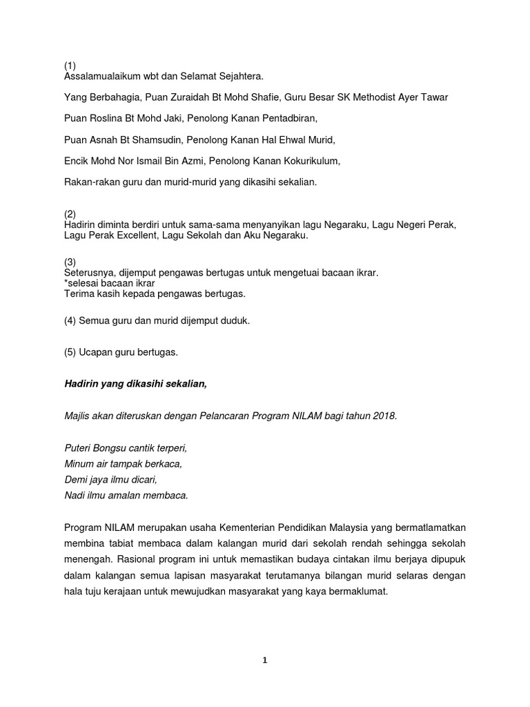 Teks Majlis Pelancaran Program NILAM 2018 | PDF