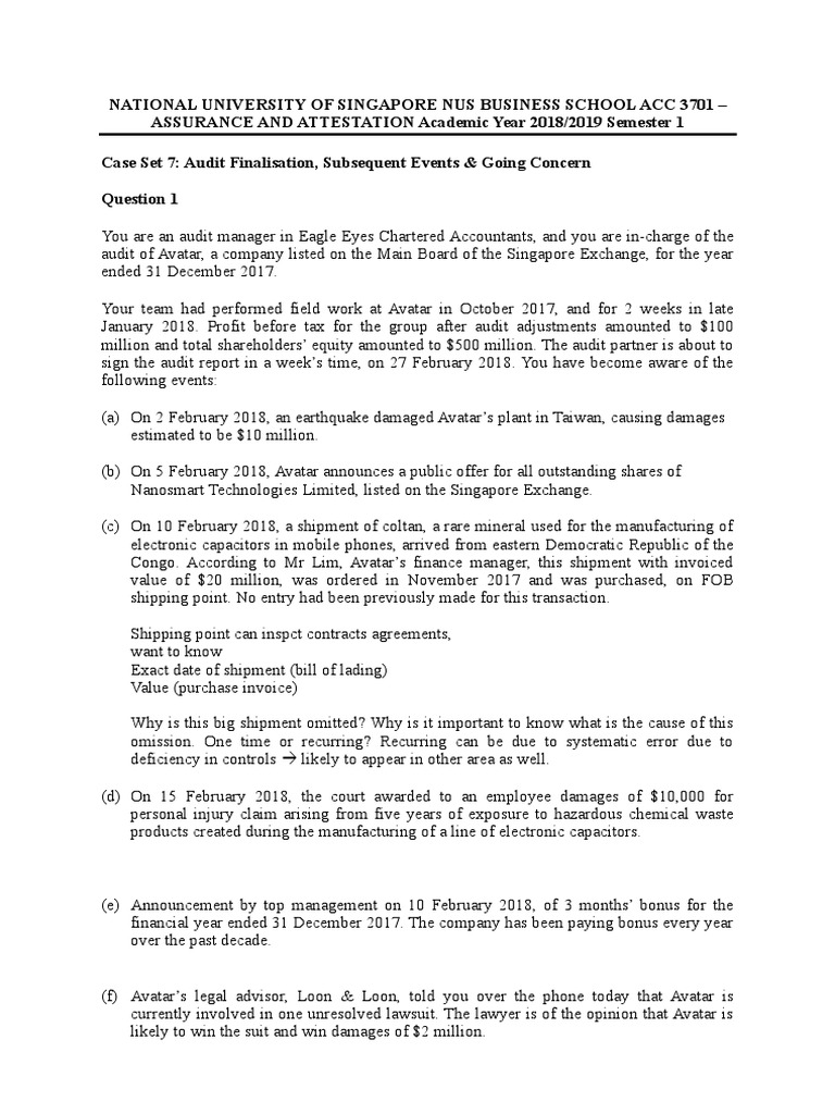 Case Set 7 - Subsequent Events and Going Concern | PDF | Going Concern ...