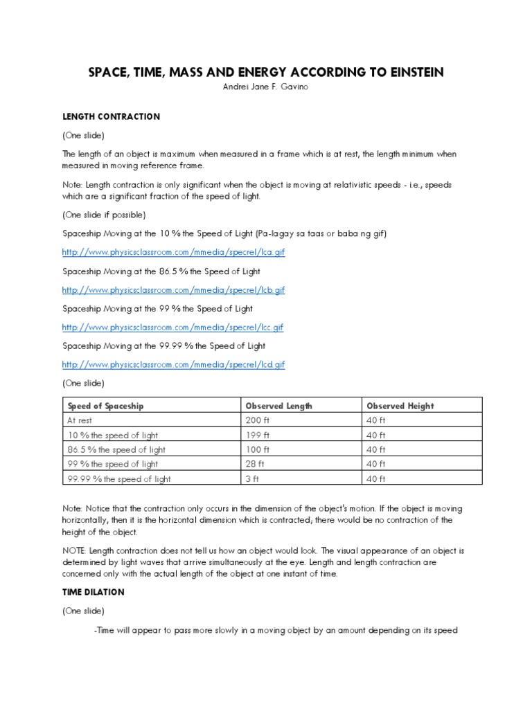 Space, Time, Mass and Energy According To Einstein: Length Contraction ...