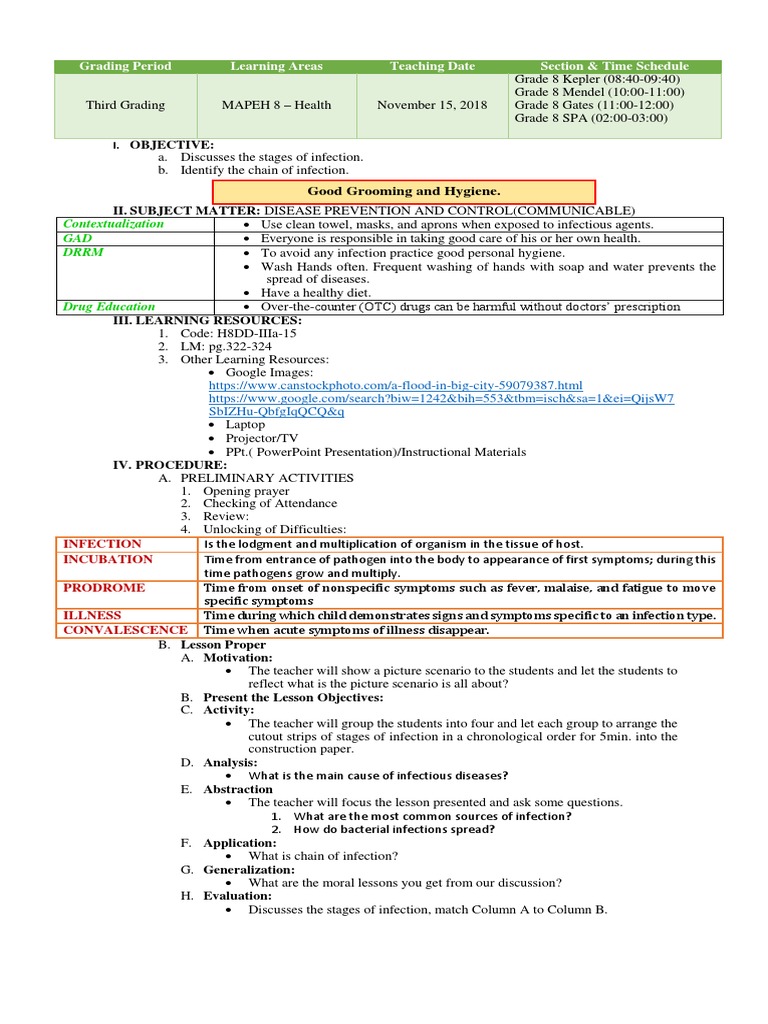 Infection Control Lesson Plan for Grade 8 | PDF | Infection | Hygiene
