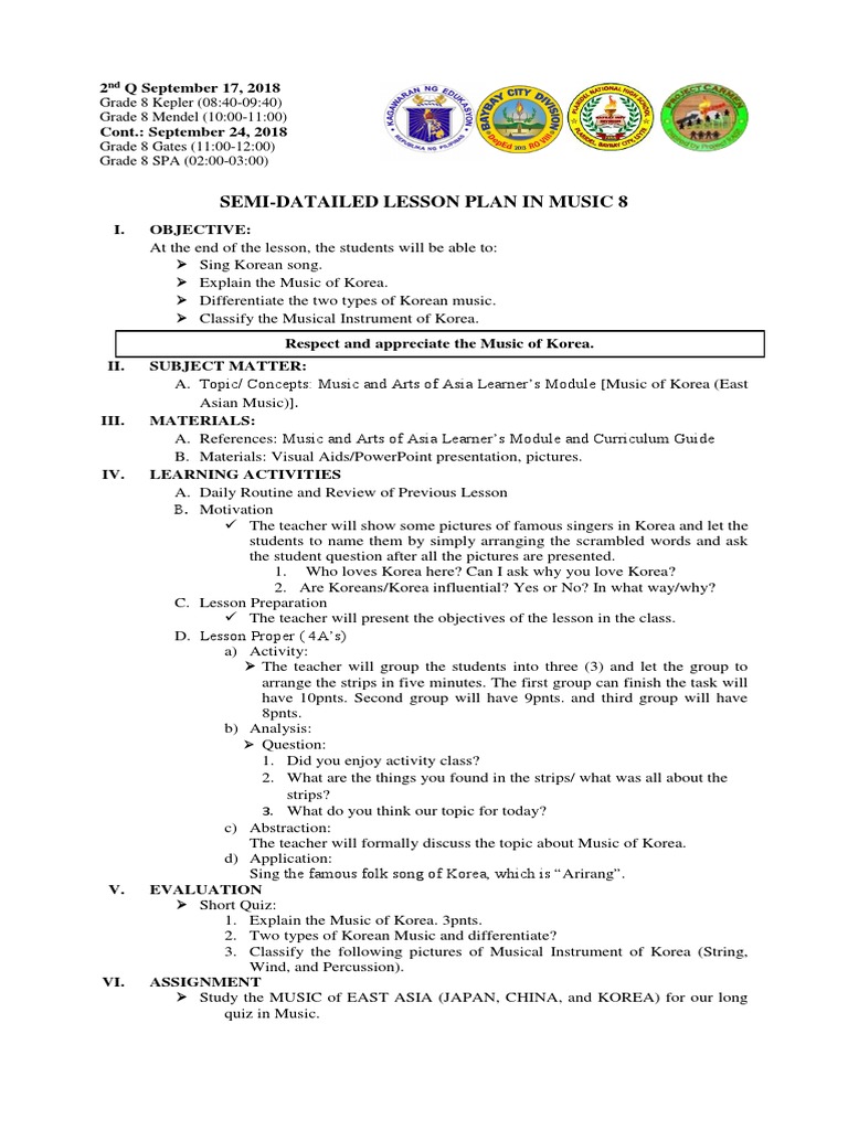 Korean Music Lesson Plan for Grade 8 | PDF | Lesson Plan | Teachers