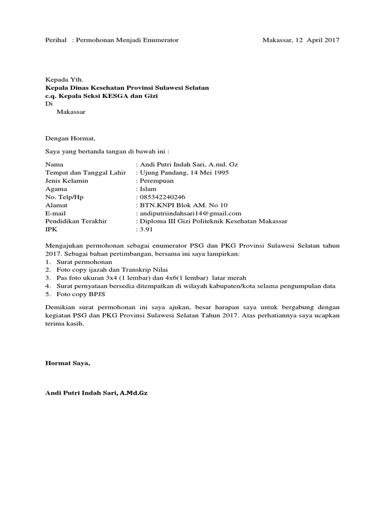 Surat Lamaran Enumerator PSG Putri | PDF