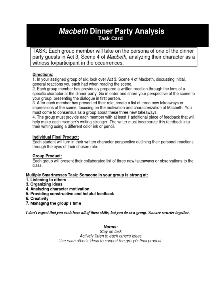 Macbeth Dinner Party Character Analysis | PDF | Career & Growth ...