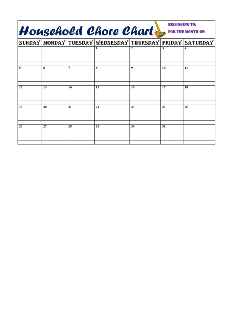 Household Chore Chart: Sunday Monday Tuesday Wednesday Thursday Friday ...