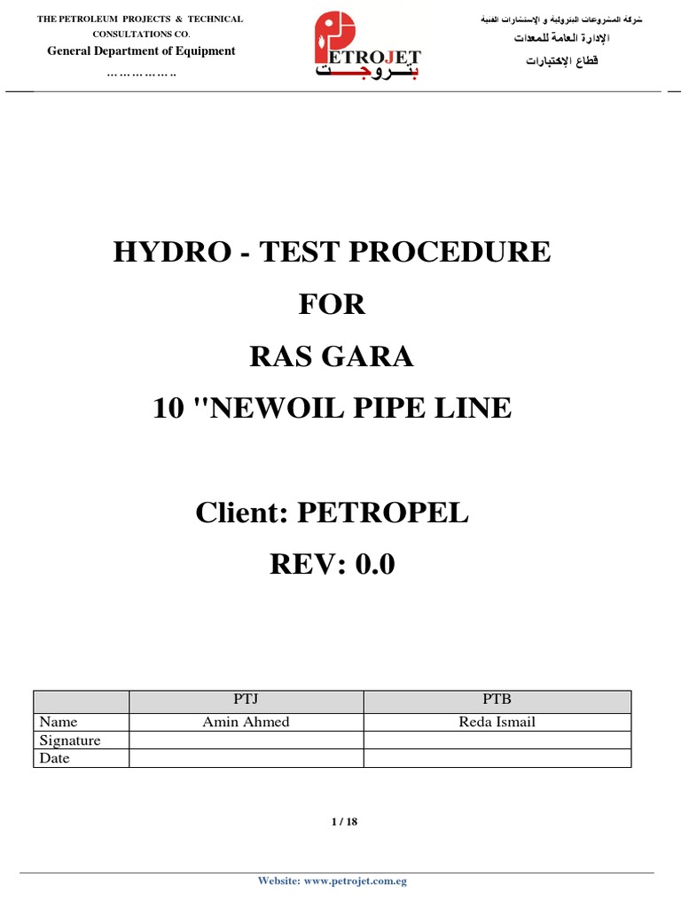 Hydro Test Procedure | Pipe (Fluid Conveyance) | Liquids | Free 30-day ...