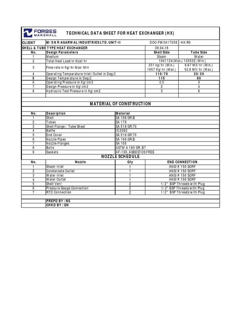 Heat Exchanger Specifications | PDF | Heat Exchanger | Pipe (Fluid ...