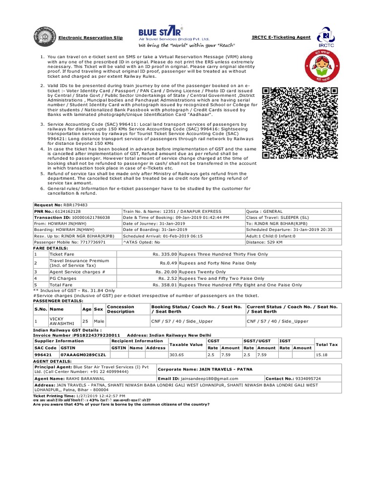 Electronic Reservation Slip IRCTC E-Ticketing Agent | PDF | Identity ...