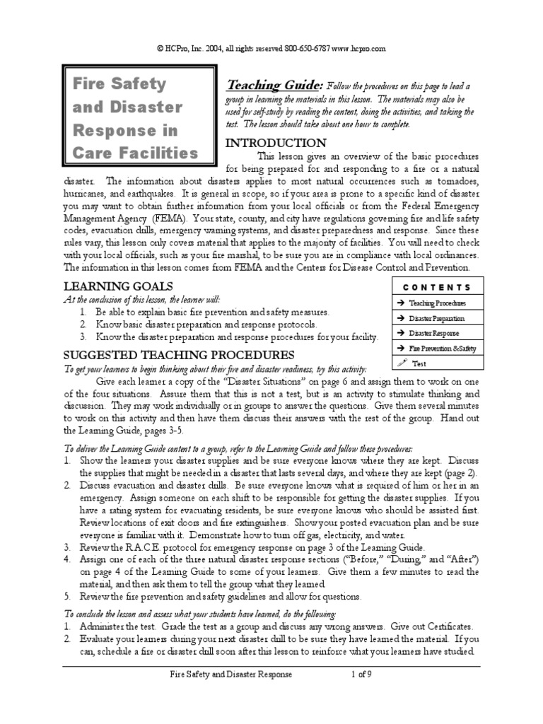 Fire Safety and Disaster Response in Care Facilities: Teaching Guide ...